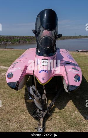Frontal view of a racing boat on land before an F1 Powerboat race in ...