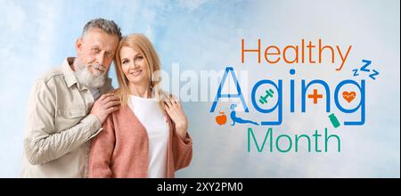 Banner for Healthy Aging Month with mature couple at sea resort Stock ...
