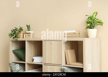 Chest of drawers with pillows and houseplants near light wall Stock ...