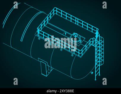 Stylized vector illustration of blueprint of a large horizontal storage ...