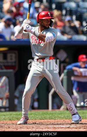 Philadelphia Phillies center fielder Johan Rojas catches a fly out by ...