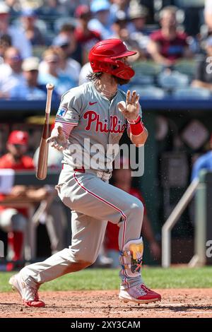 Philadelphia Phillies' Bryce Harper bats as Andrew Knapp catches during ...