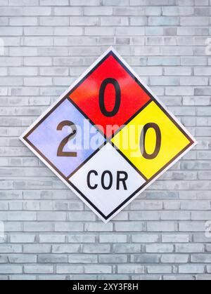 Diamond shaped NFPA panel identifying hazardous chemicals inside fenced ...