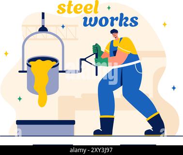 Steelworks Vector Illustration with Resource Mining, Smelting of Metal in Big Foundry and Hot ...