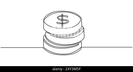 Coins stack with leaves branch continuous one line drawing. Business investing concept. Vector ...