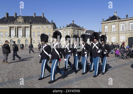 Copenhagen, Denmark - March 16, 2016: Changing ceremony of the royal guards at Amalienborg ...