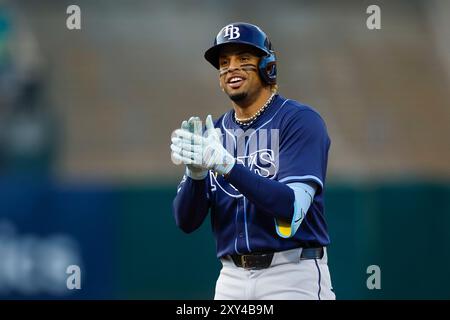 Tampa Bay Rays' Christopher Morel reacts after hitting a double during ...