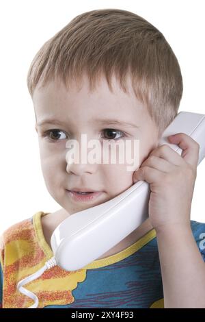 Communication, little child talking telephone Stock Photo - Alamy