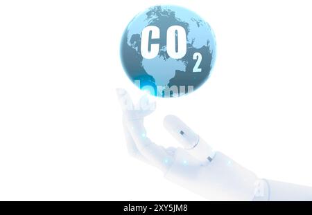 CO2 capture concept. Robot hand touch carbon dioxide on globe map ...