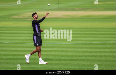 England's Shoaib Bashir during a nets session at Trent Bridge ...