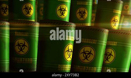 Biohazard and biological waste barrels in row concept. Medical toxic ...