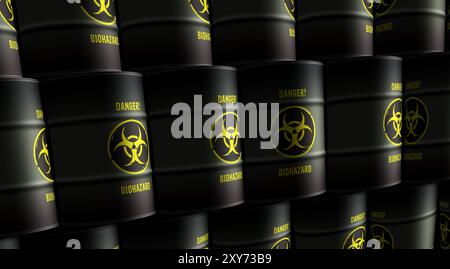 Biohazard and biological waste barrels in row concept. Medical toxic ...