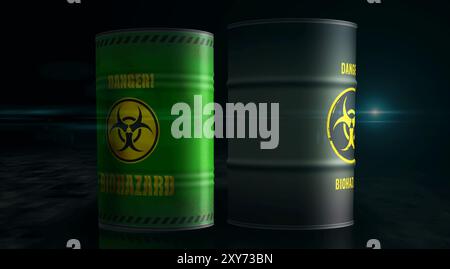 Biohazard and biological waste barrels in row concept. Medical toxic ...