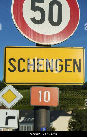 Road sign, Schengen lettering, Schengen, Canton of Remich, Luxembourg ...