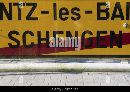 Road sign, Schengen lettering, Schengen, Canton of Remich, Luxembourg ...