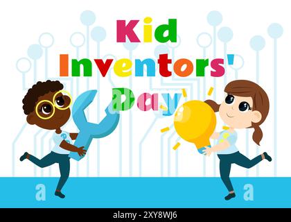 Kid Inventors Day. Cute boy and girl are holding the Power button as a ...