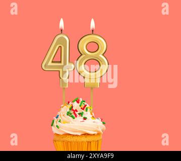 birthday cupcake with number 48 candle - Celebration on dark background ...