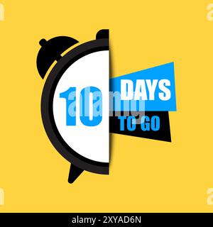Countdown timer icon. Number ten focus. Bold 10 days to go text. Yellow ...