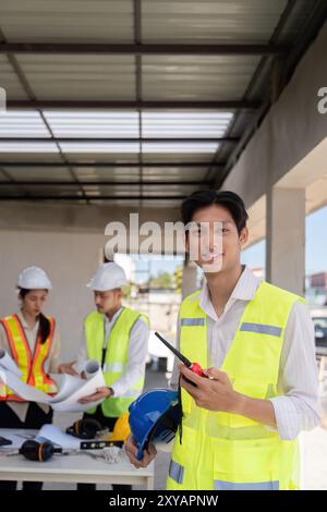 A construction team collaborating with blueprints on site, focusing on ...