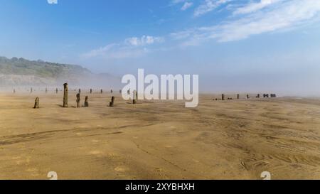 Morning fog at Sandsend Beach, near Whitby, North Yorkshire, UK Stock ...