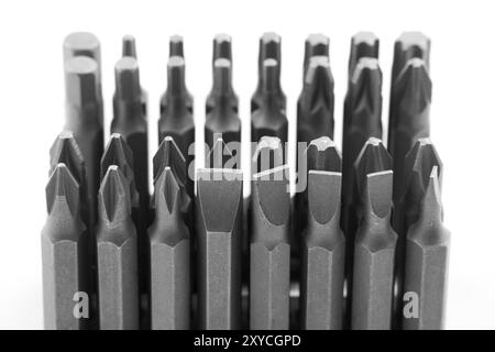 Various bits in a row in the bit holder. Bits for screwdrivers on the ...
