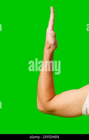 Hand Gesture Above Arm Against Bright Green Background Stock Photo - Alamy