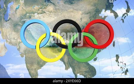Olympic rings symbol over China map conceptual 3D illustration 2008 ...