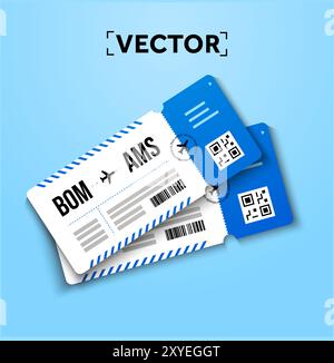 3d couple of airplane tickets with QR code, isolated on background. 3d ...