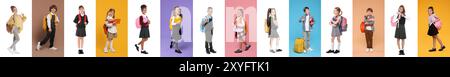 Children with backpacks on different colors backgrounds. Back to school ...