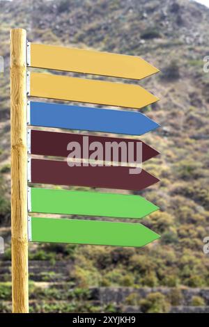 A colourful sign showing the distances in kilometers to different ...