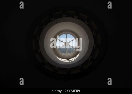 Round window sunny landscape outside, black interior Stock Photo - Alamy