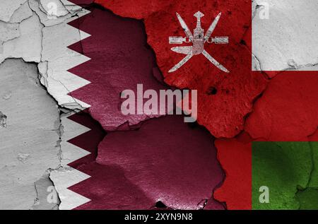 flags of Qatar and Oman painted on cracked wall Stock Photo - Alamy