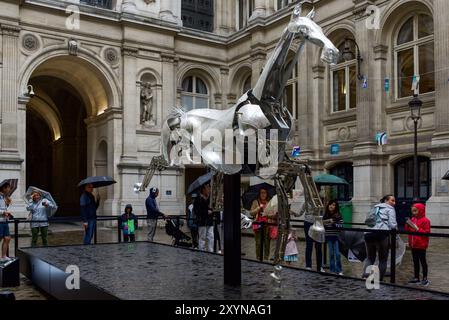Paris, France - 08 30 2024: Paris city hall. Exhibition of Zeus, the metal horse from the ...