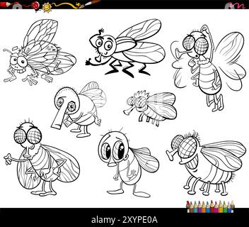 Cartoon humorous illustration of comic flies insects animal characters ...