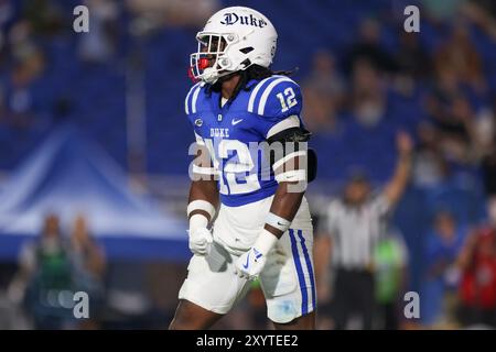 Duke linebacker Tre Freeman (12) celebrates after defeating Virginia ...