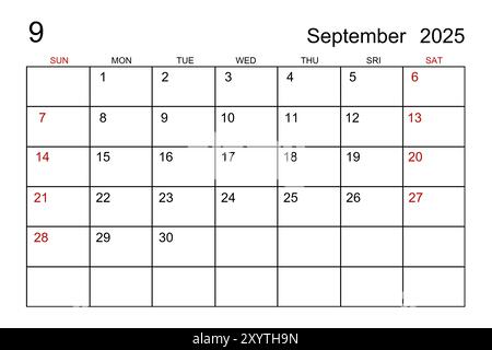 September 2025 calendar template on white paper background Stock Photo ...