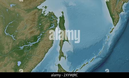 Sakhalin, region of Russia. Colored elevation map with lakes and rivers ...