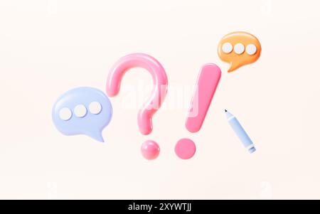 Cartoon question mark and exclamation point, chat mark, 3d rendering ...
