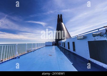 Black funnel and sun deck of a blue ferry Stock Photo - Alamy