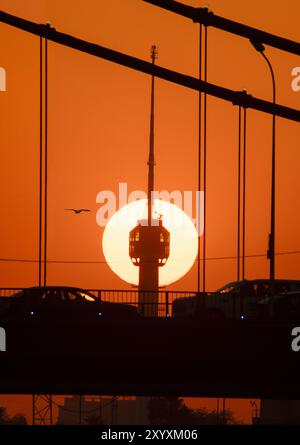 Sun sets behind Baghdad Tower and the Suspension Bridge in Baghdad ...