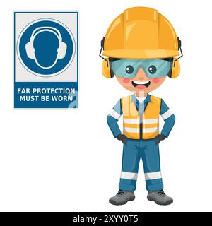 Industrial construction worker with mandatory use of earmuffs warning ...