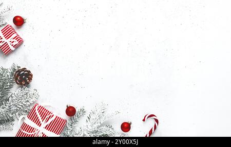 Christmas, New Year gray concrete flat lay with green white present ...