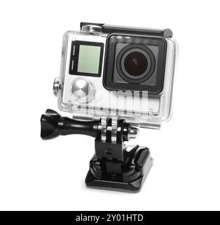 Modern action camera and mount isolated on white Stock Photo - Alamy