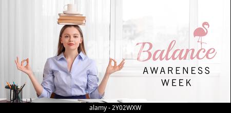 Banner for Balance Awareness Week with meditating young businesswoman ...