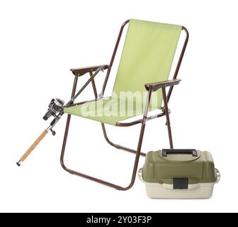 Folding chair, tackle box and fishing spinning isolated on white Stock ...