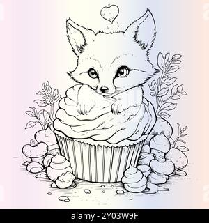 Fox Hiding In Cupcake Coloring Page Drawing For Kids Stock Vector Image ...