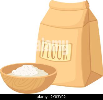 Open bag or sack with flour, baking ingredients, doodle style flat ...