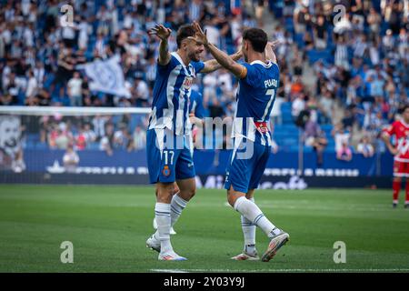 Javi Puado of RCD Espanyol celebrates a goal during the Spanish league ...
