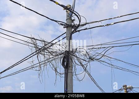 Utility pole with bunch of electric wires and cables Stock Photo - Alamy
