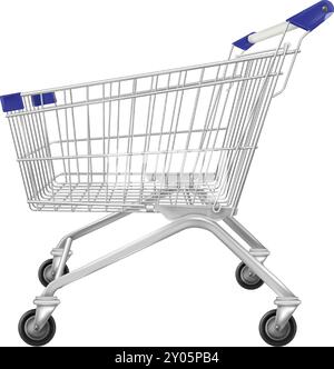 Metallic supermarket pushcart. Side view of realistic shopping cart or ...
